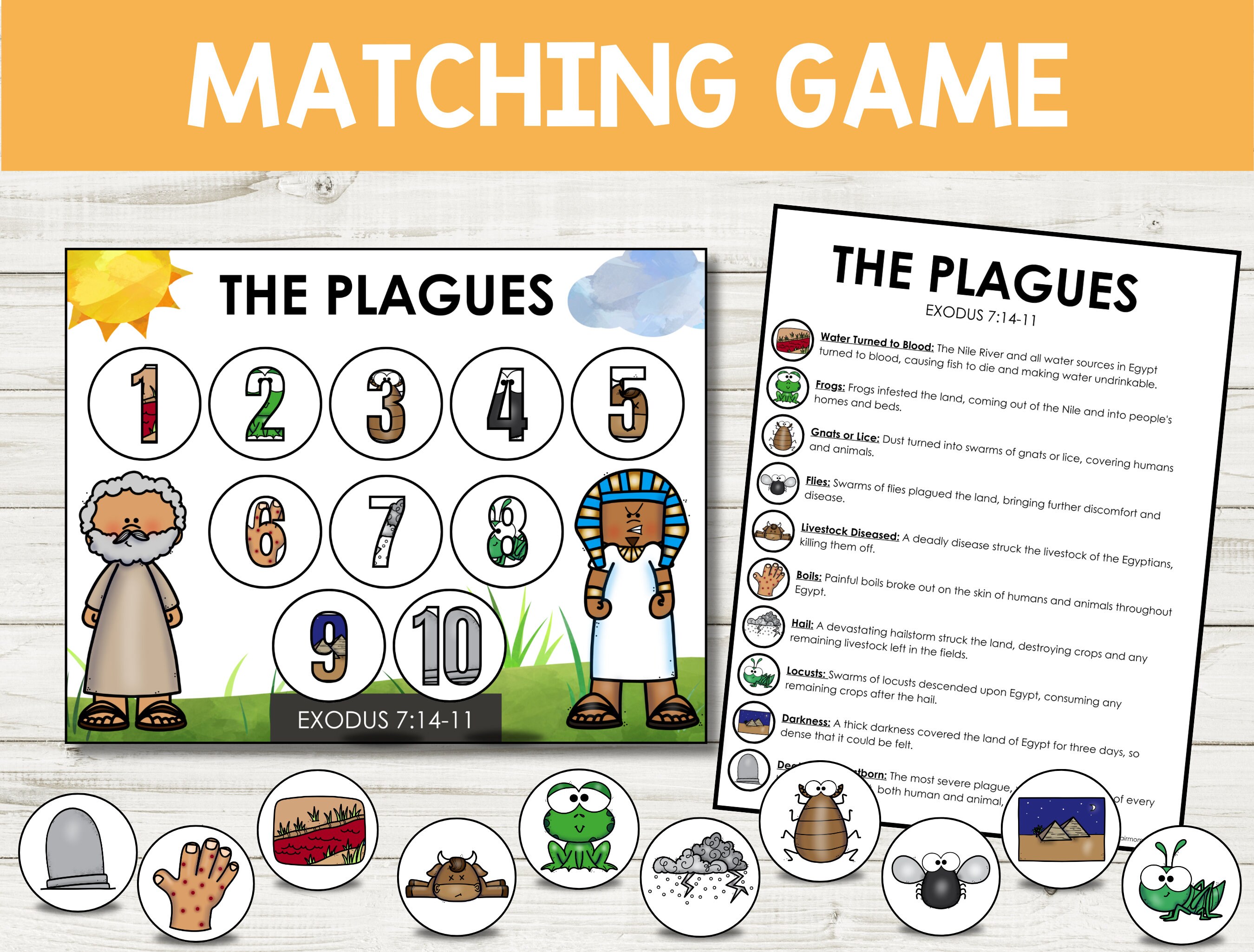 Bible Activity Bundle, Ten Plagues Matching Game, Flashcard, 3-part ...