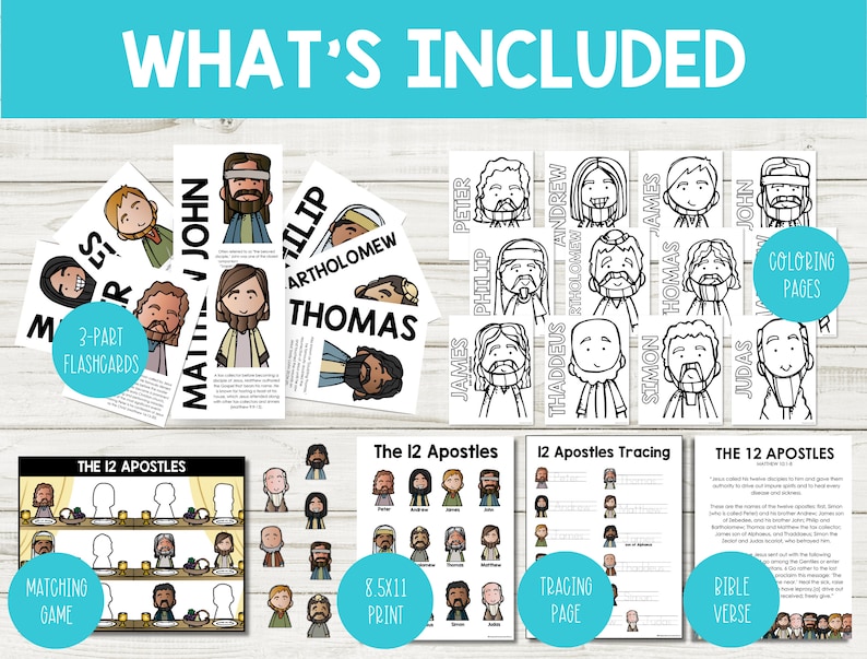 12 Disciples Bundle: Flashcards, Coloring Page, Matching Game (digital ...