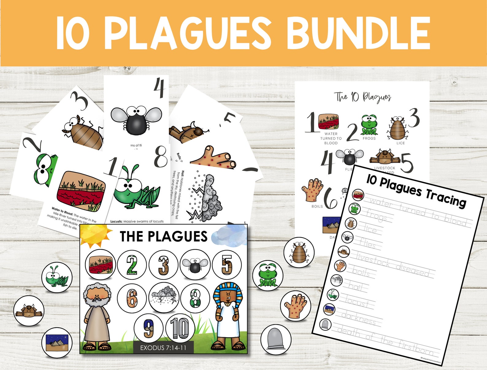 Bible Activity Bundle, Ten Plagues Matching Game, Flashcard, 3-part ...