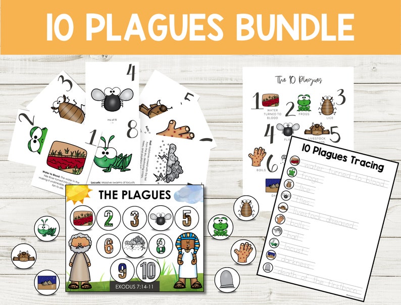 Bible Activity Bundle, Ten Plagues Matching Game, Flashcard, 3-part ...