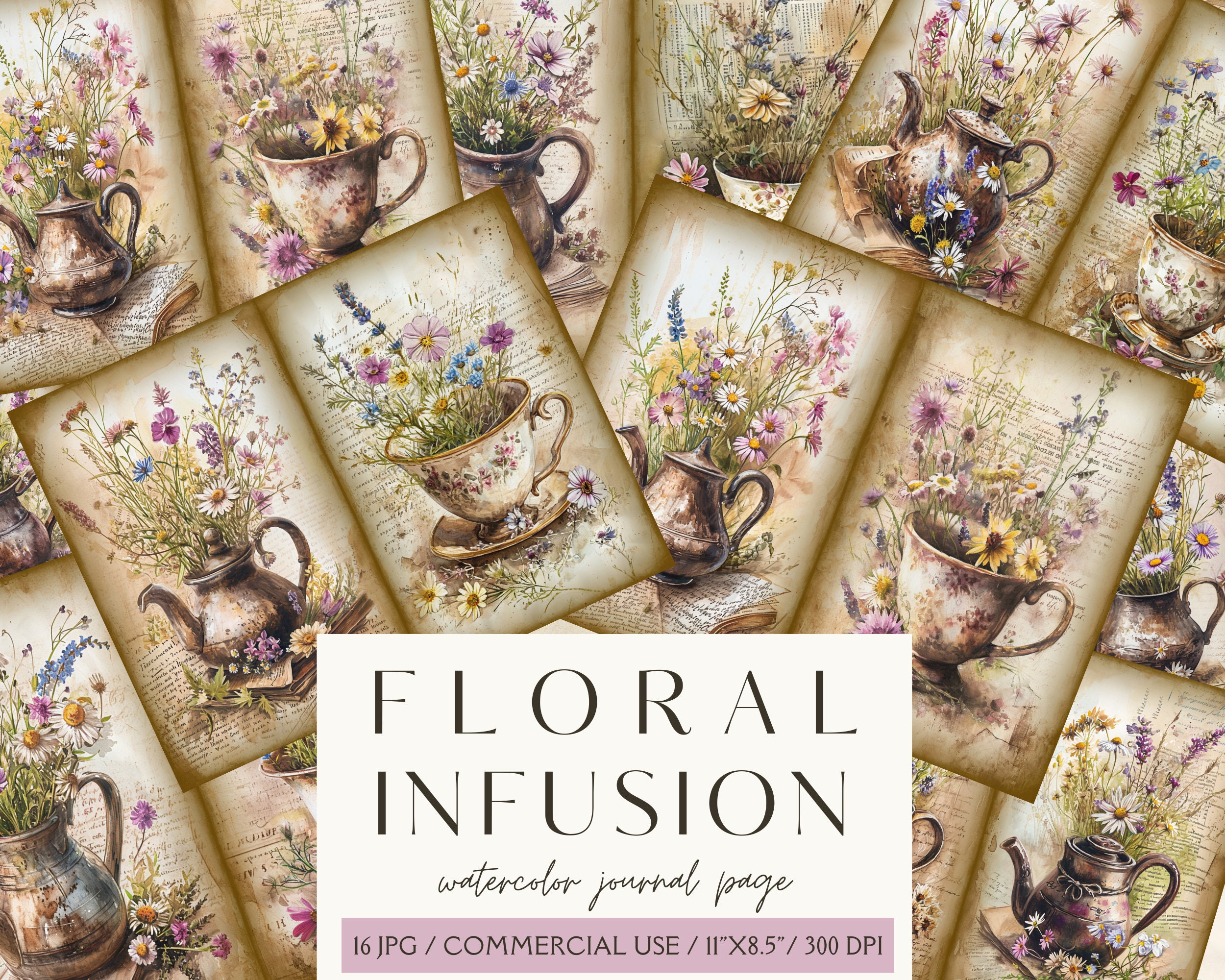 Vintage Tea and Flowers Spring Junk Journal Kit Digital Paper ...