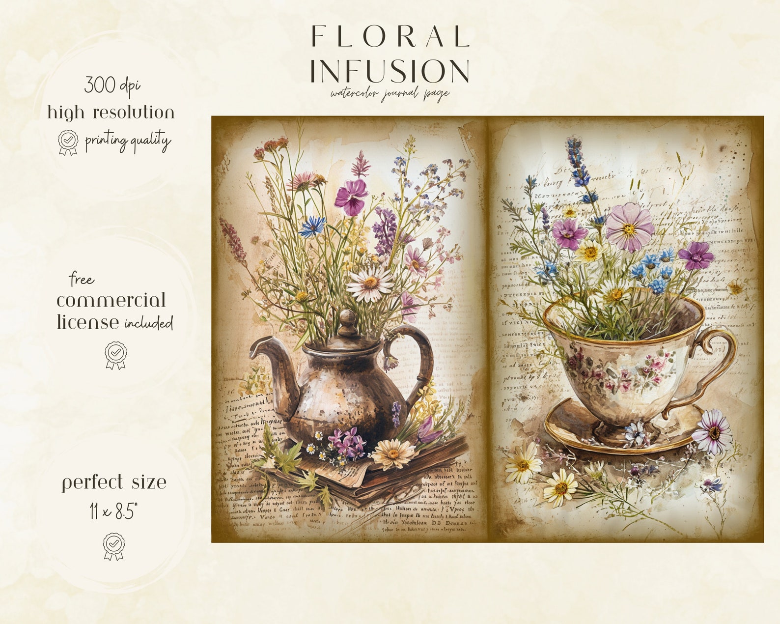 Vintage Tea and Flowers Spring Junk Journal Kit Digital Paper ...