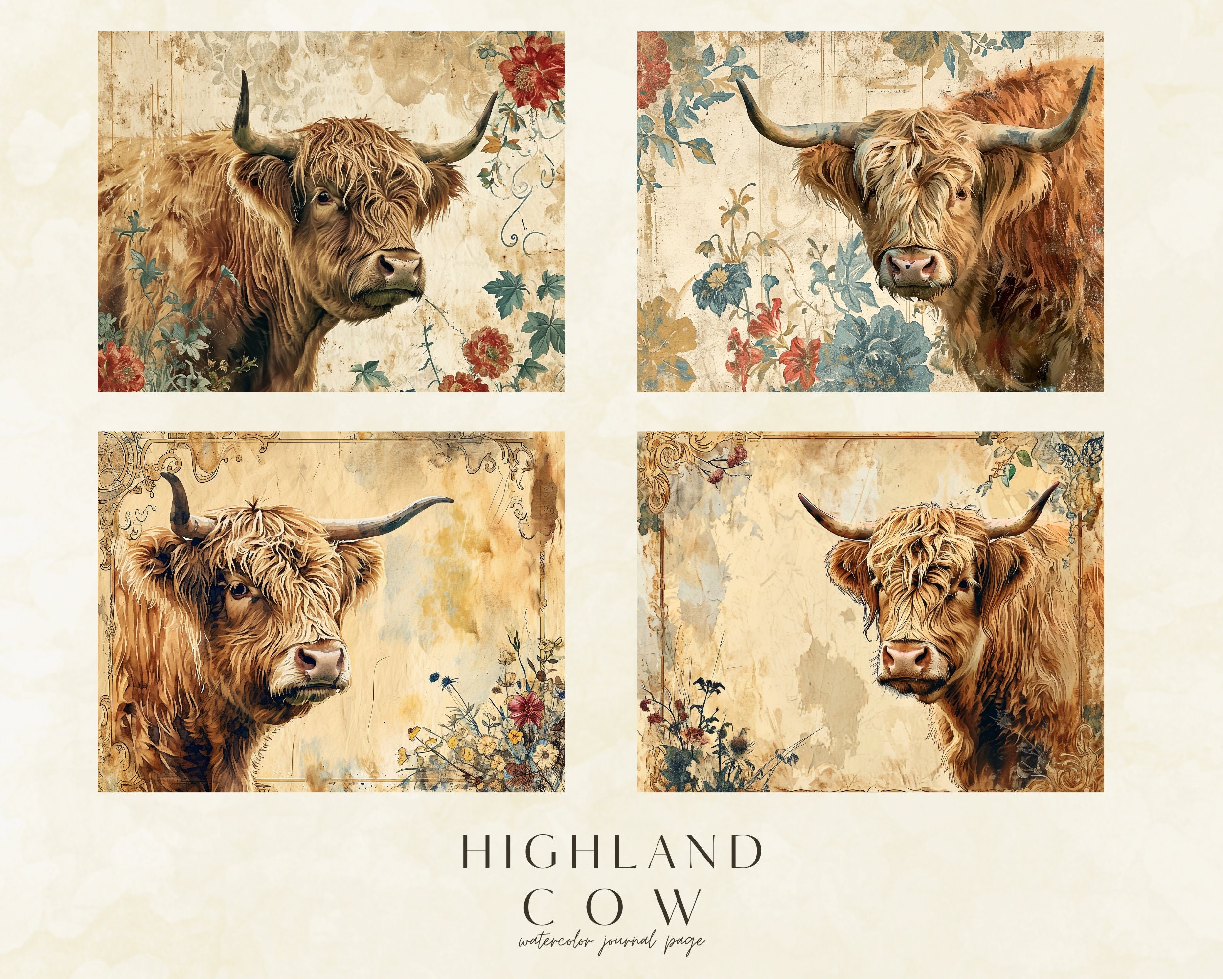 Vintage Highland Cow Junk Journal Kit Farm Garden Digital Paper ...