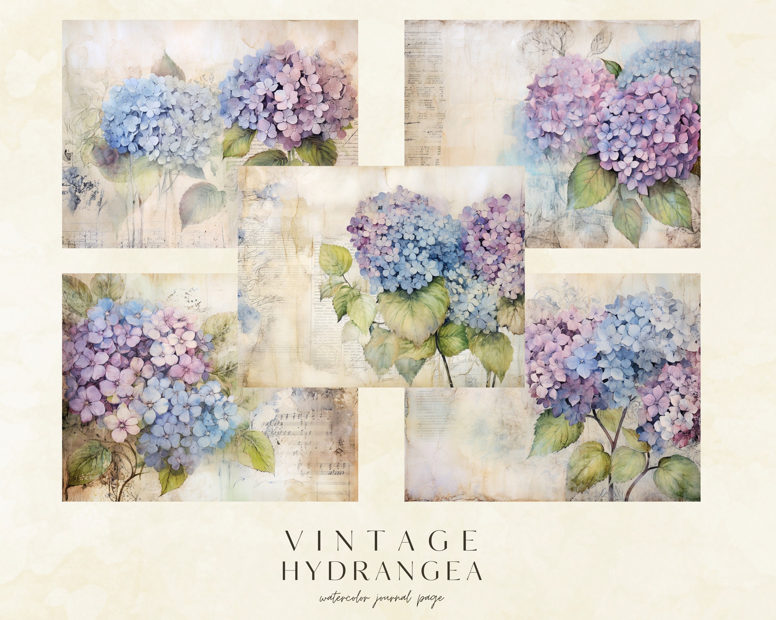 Vintage Hydrangea Junk Journal Kit Beautiful Digital Paper Scrapbooking Printable Paper Ephemera ...