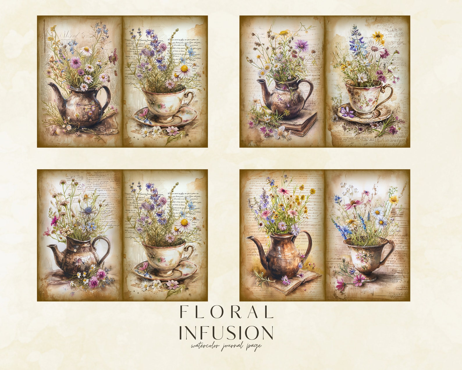 Vintage Tea and Flowers Spring Junk Journal Kit Digital Paper ...