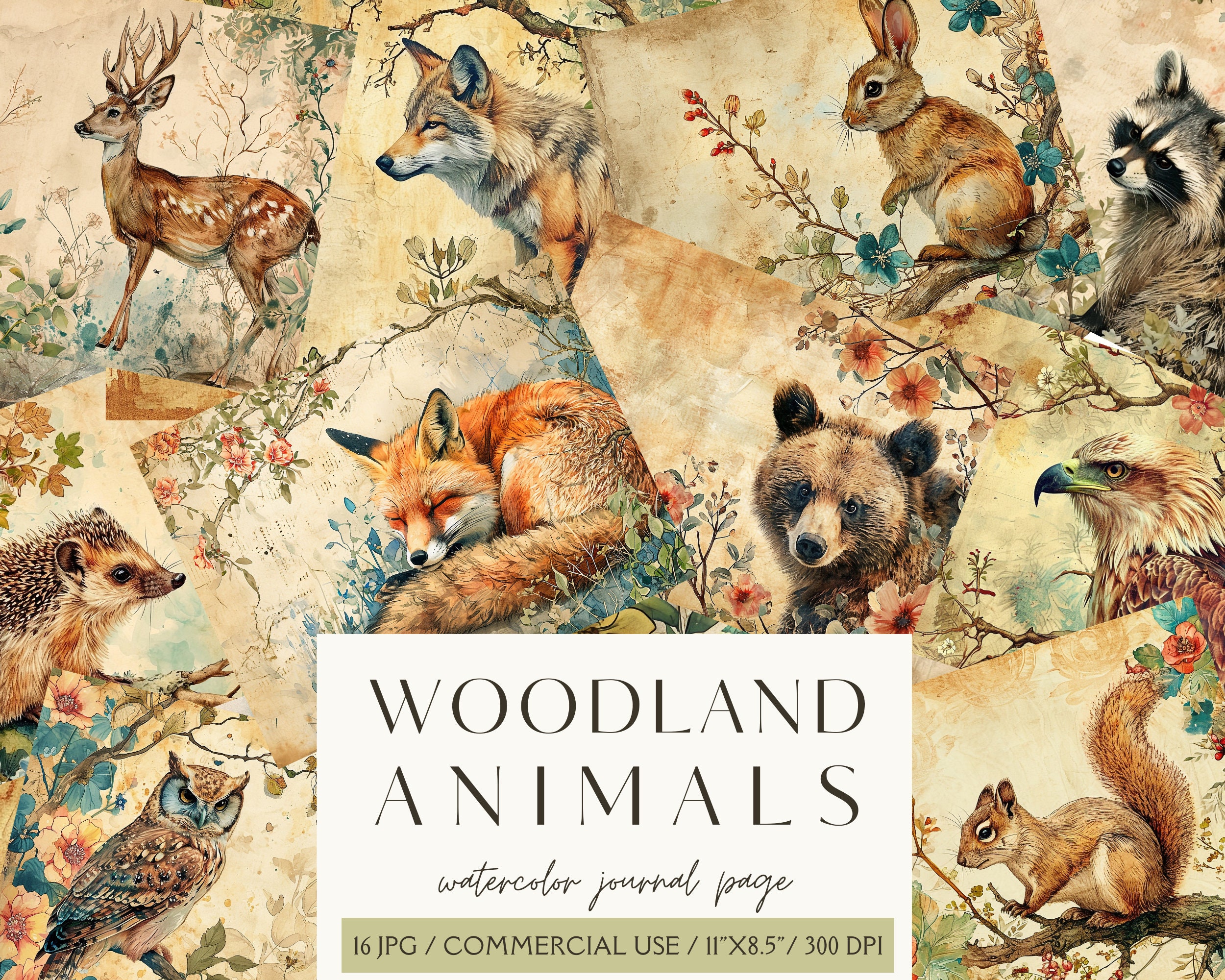 Woodland Animals Junk Journal Kitvintage Wild Bear Fox Deer Rabbit ...