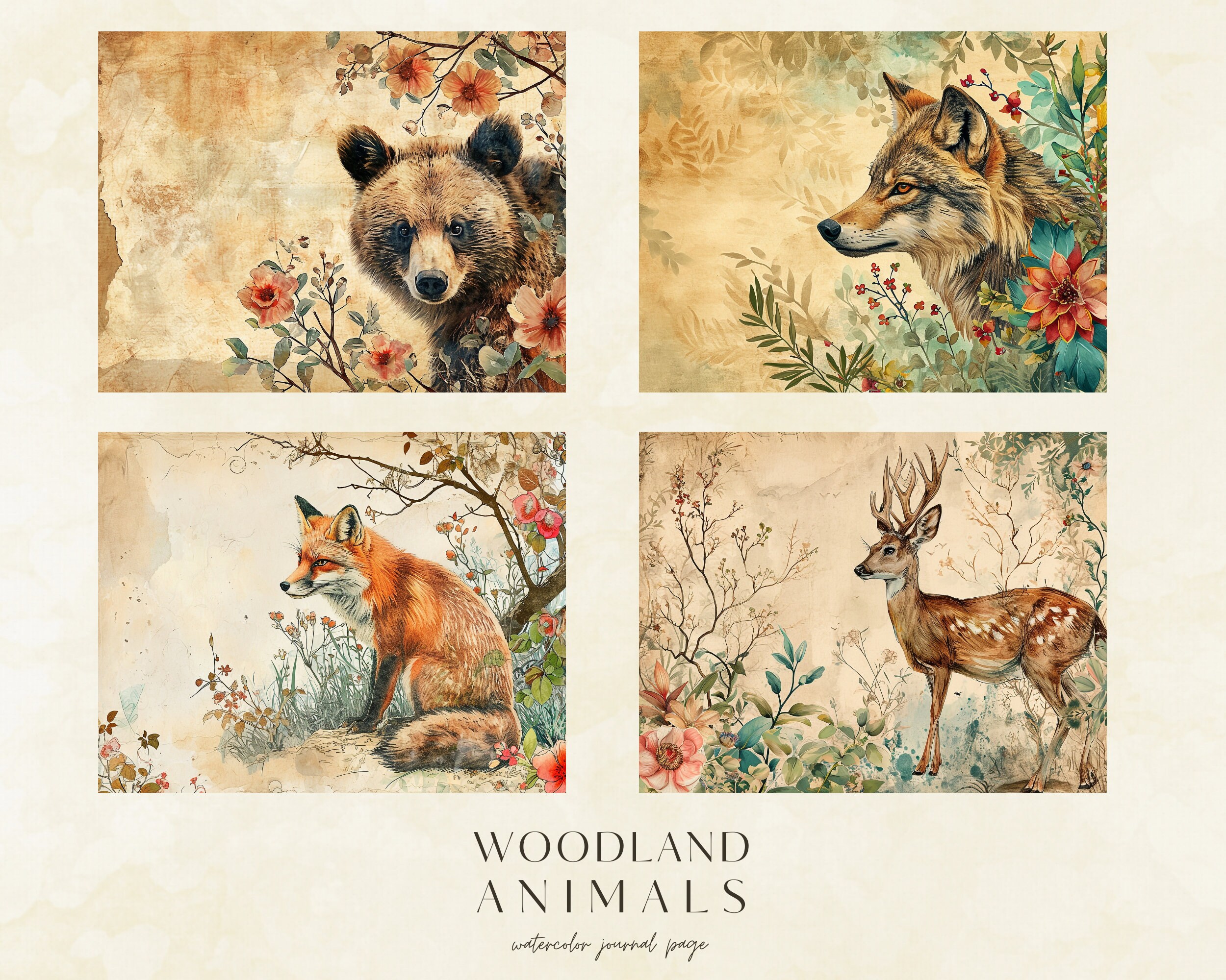 Woodland Animals Junk Journal Kitvintage Wild Bear Fox Deer Rabbit ...