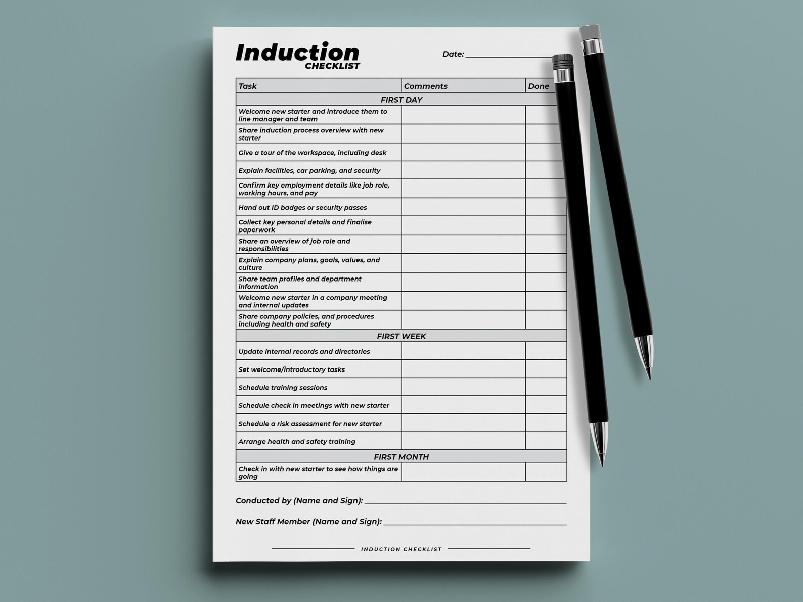 Induction Checklist New Employee Induction New Staff Member Hr
