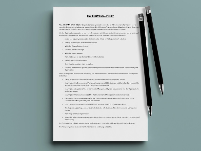 Environmental Policy Template, Word Document, Editable Environmental ...