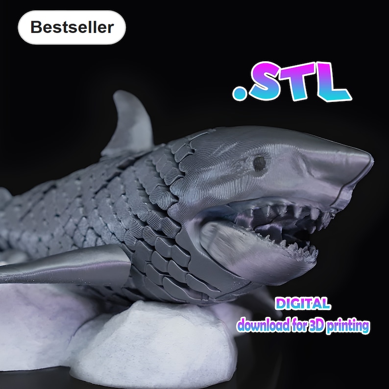 Shark Digital .STL File for 3D Printing, Articulated Fidget Figure ...