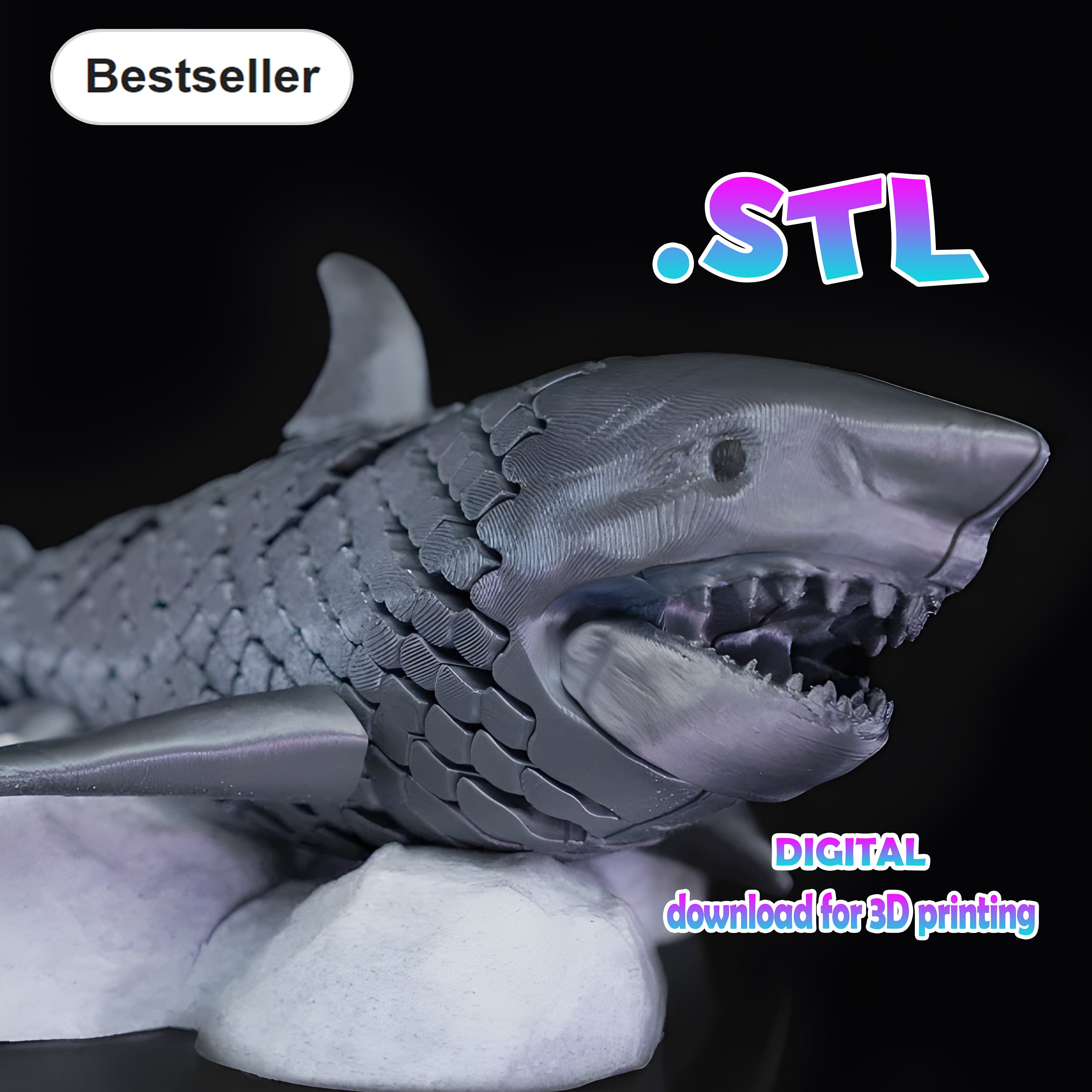 Shark Digital .STL File for 3D Printing, Articulated Fidget Figure ...