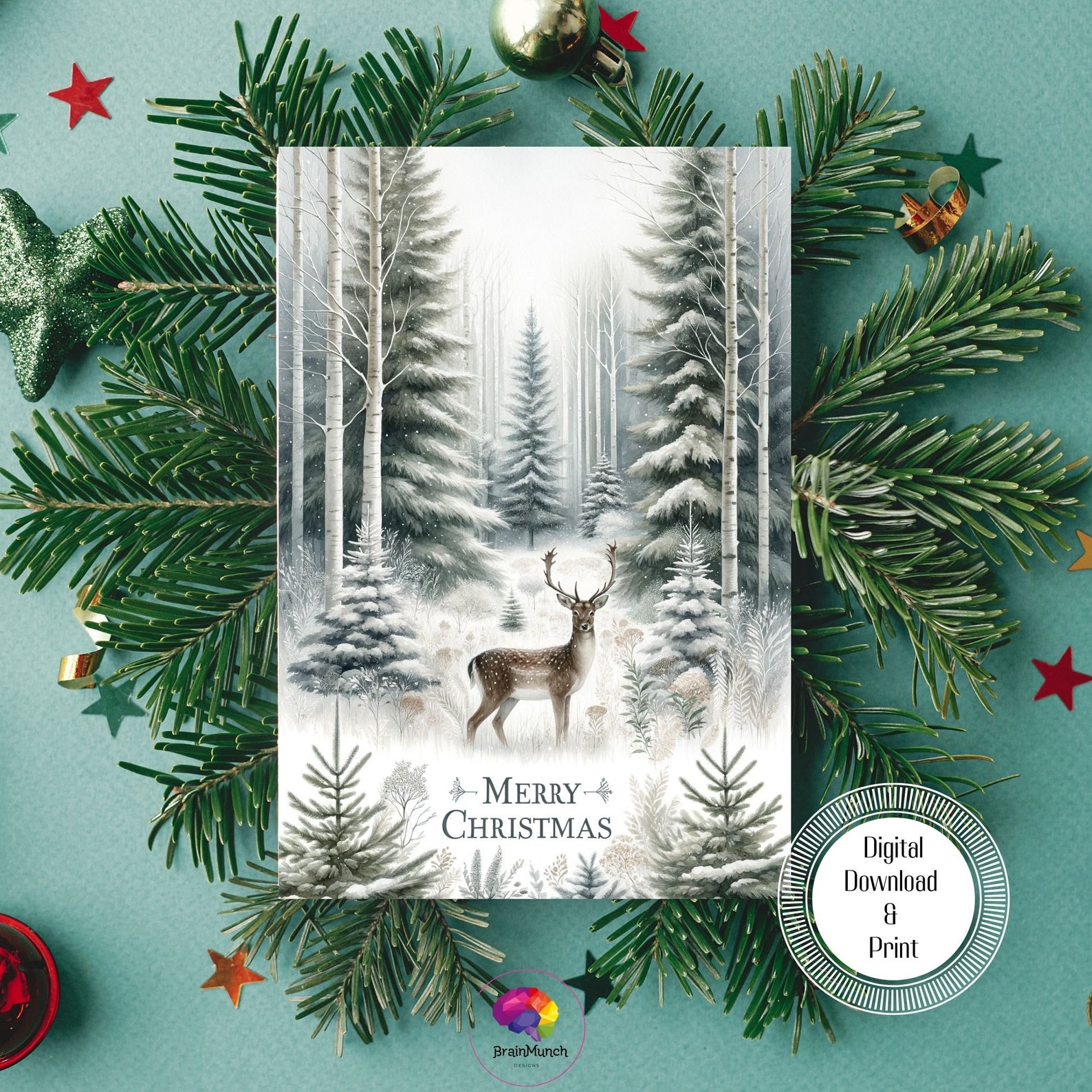 Winter Deer in Forest Merry Christmas Digital Christmas Card, Printable ...