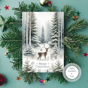 Winter Deer in Forest Merry Christmas Digital Christmas Card, Printable ...