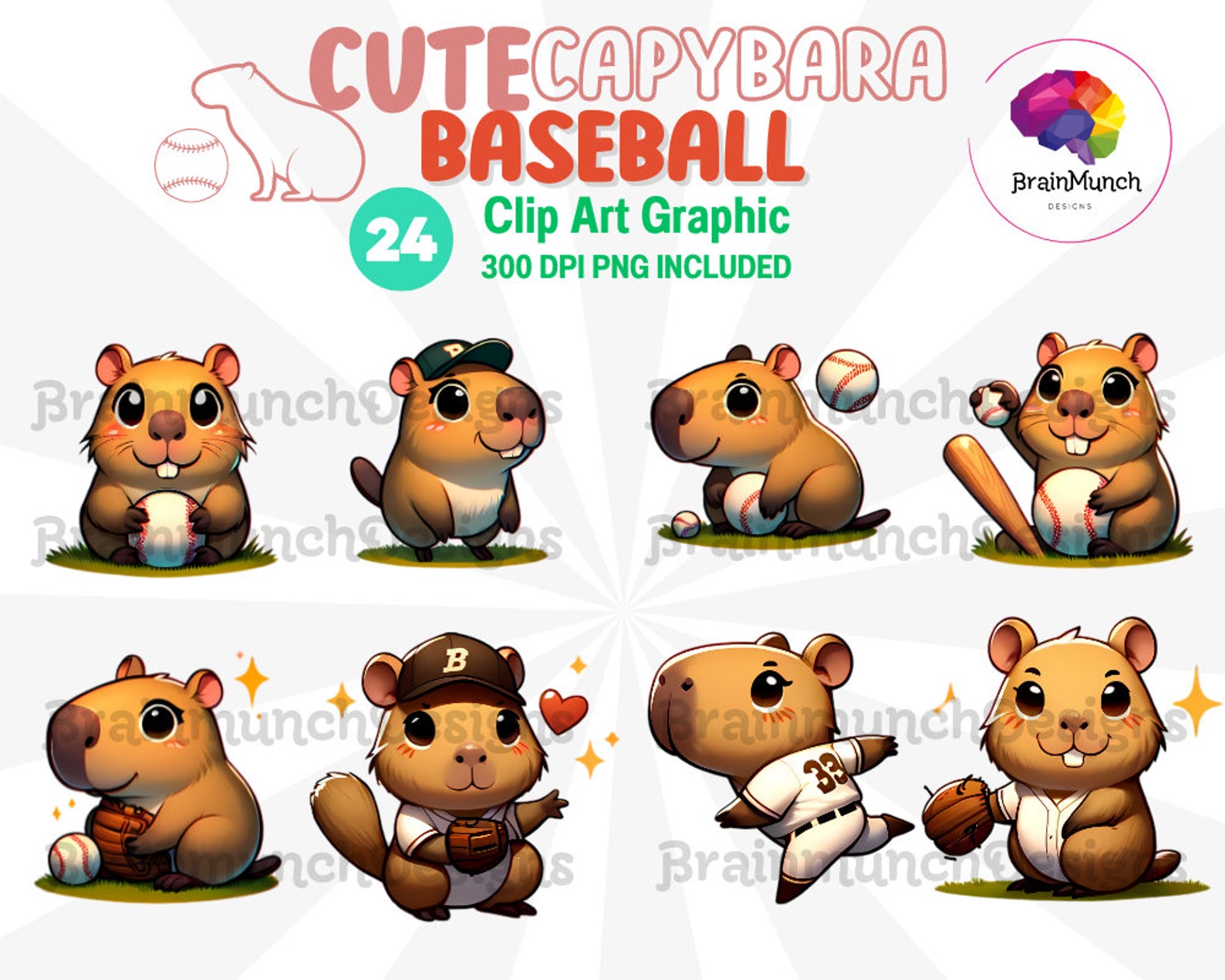 Cute Capybara Baseball Clipart, Kawaii Capybara, Pet Illustration ...