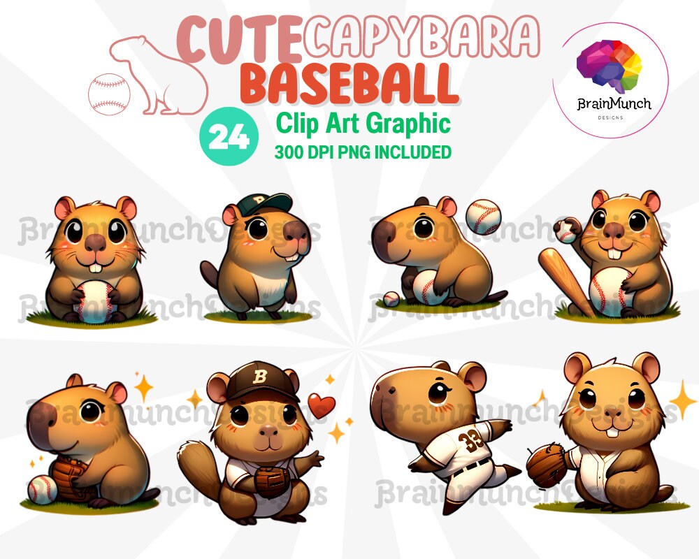 Cute Capybara Baseball Clipart, Kawaii Capybara, Pet Illustration ...
