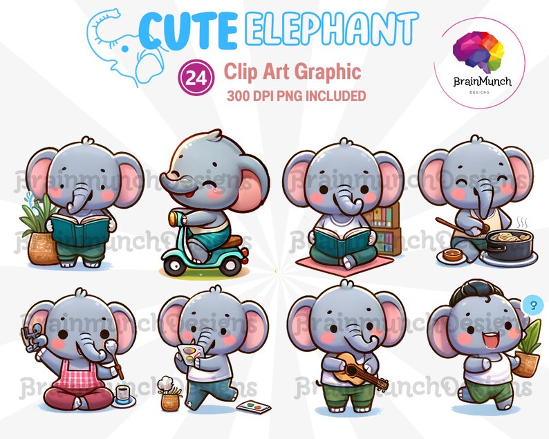 Cute Elephant Clipart, Kawaii Elephant Doodle and Icons, Pet ...