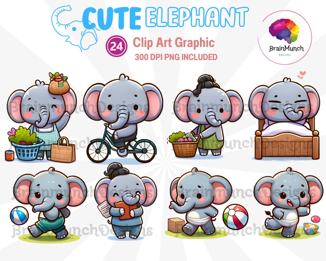 Cute Elephant Clipart, Kawaii Elephant Doodle and Icons, Pet ...
