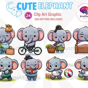 Cute Elephant Clipart, Kawaii Elephant Doodle and Icons, Pet ...