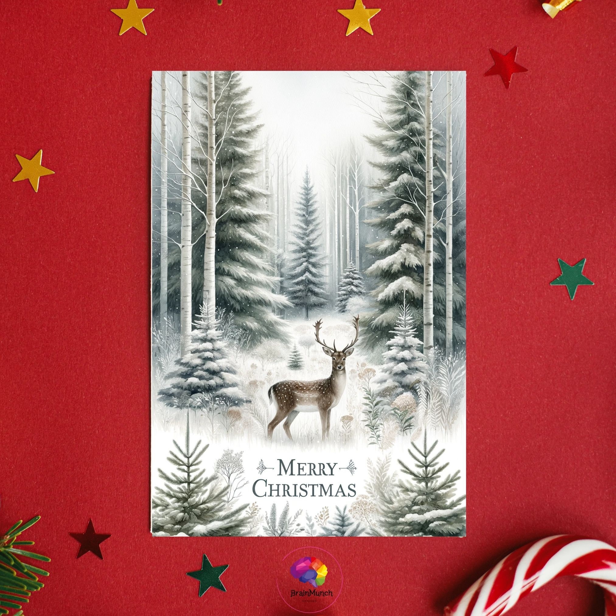 Winter Deer in Forest Merry Christmas Digital Christmas Card, Printable ...