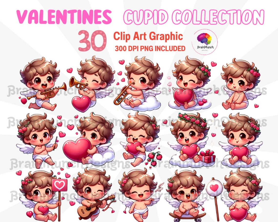 Cute Valentine Cupid Clipart, Kawaii Valentine Doodle and Icons, Pet ...