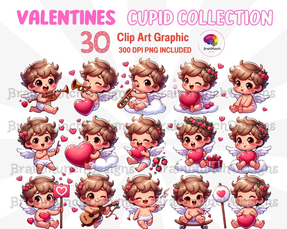 Cute Valentine Cupid Clipart, Kawaii Valentine Doodle and Icons, Pet ...