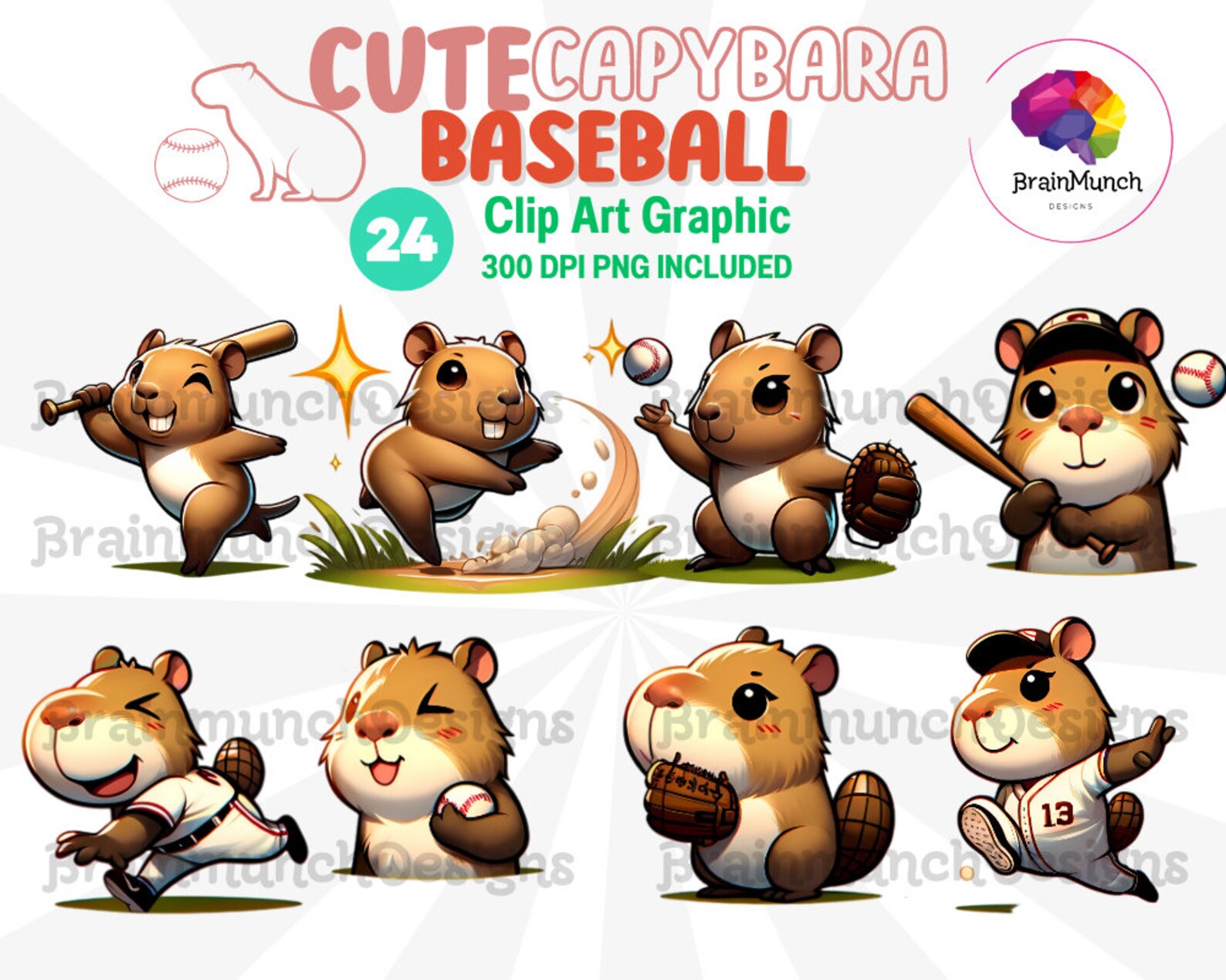 Cute Capybara Baseball Clipart, Kawaii Capybara, Pet Illustration ...