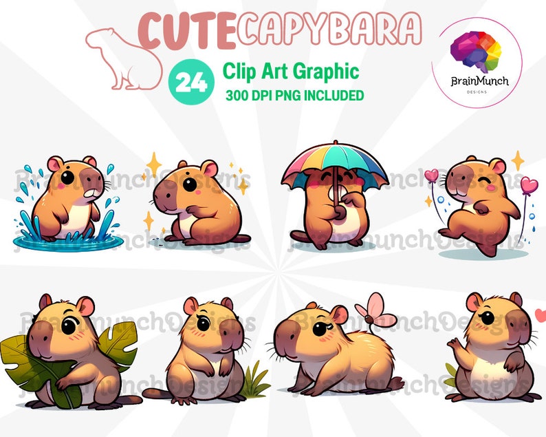 Cute Capybara Clipart, Kawaii Capybara Doodle and Icons, Pet ...