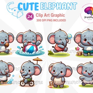 Cute Elephant Clipart, Kawaii Elephant Doodle and Icons, Pet ...