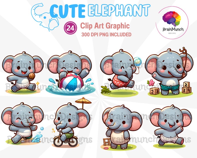Cute Elephant Clipart, Kawaii Elephant Doodle and Icons, Pet ...