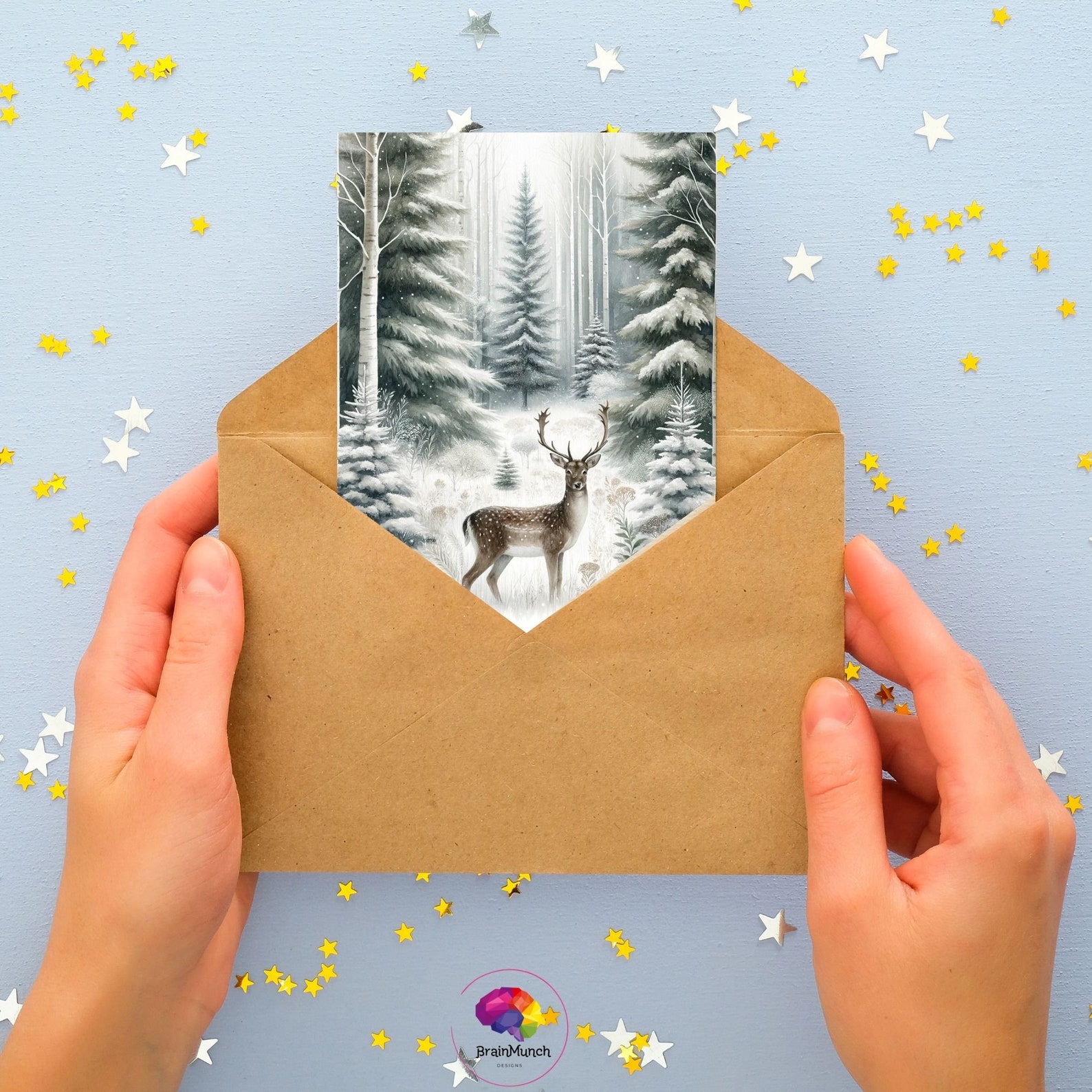 Winter Deer in Forest Merry Christmas Digital Christmas Card, Printable ...