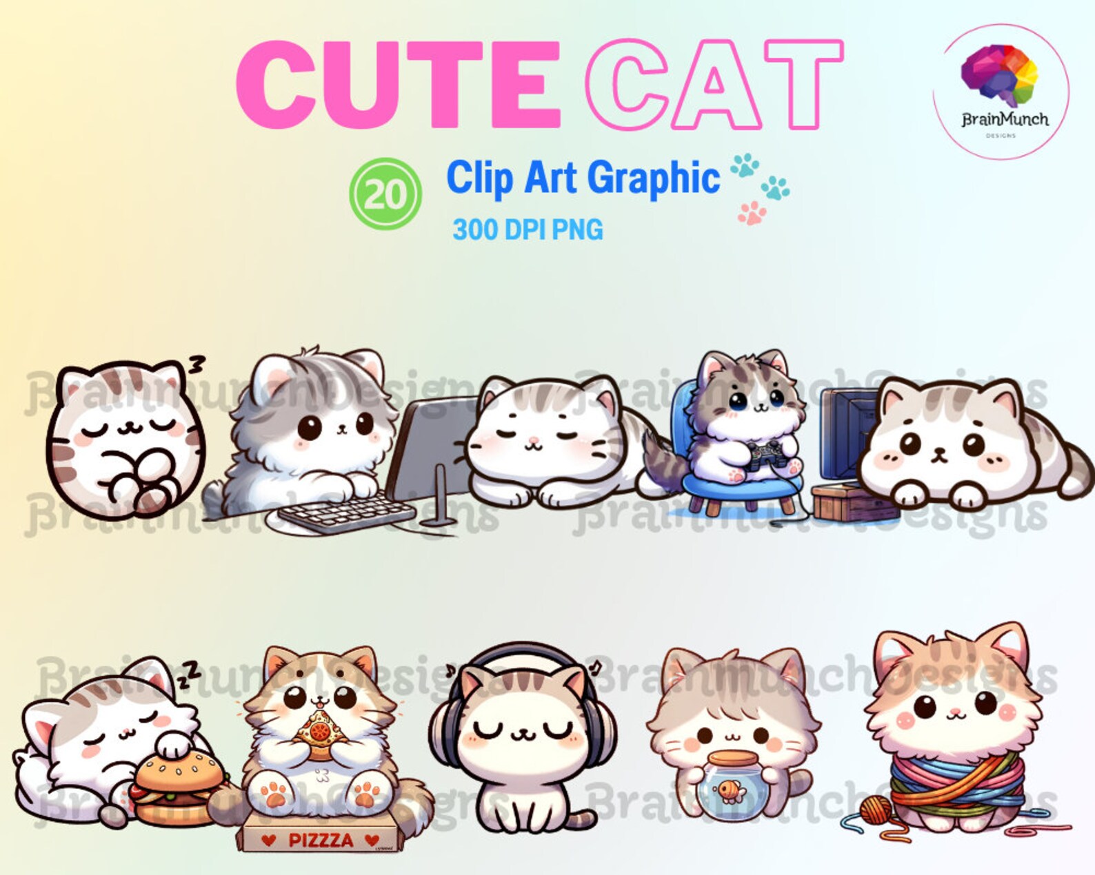 Cute Cat Clipart, Kawaii Kitten Doodle, Kitty Icons, Pet Illustration ...