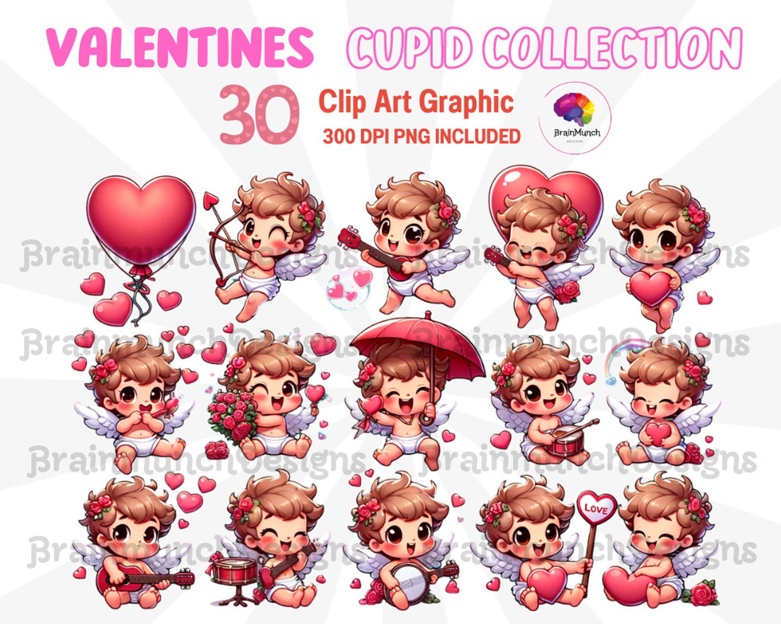 Cute Valentine Cupid Clipart, Kawaii Valentine Doodle and Icons, Pet ...