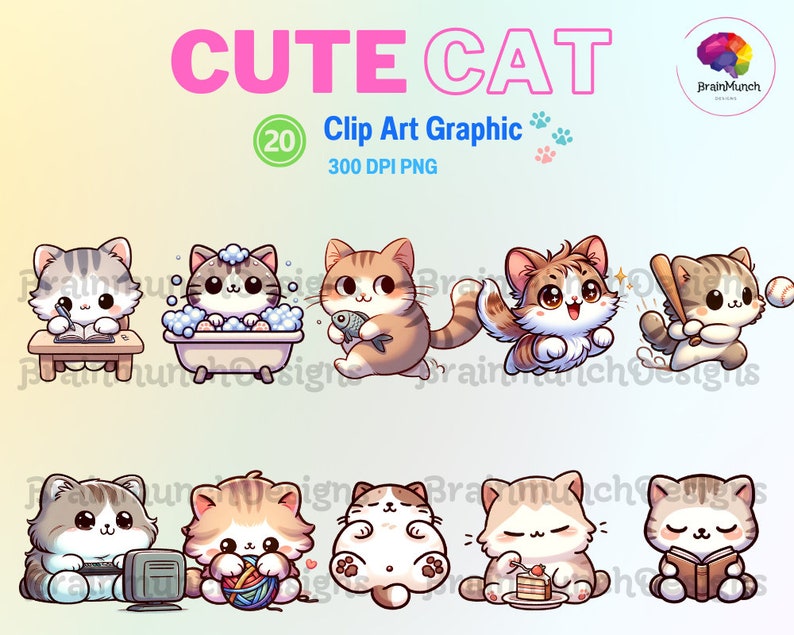 Cute Cat Clipart, Kawaii Kitten Doodle, Kitty Icons, Pet Illustration ...