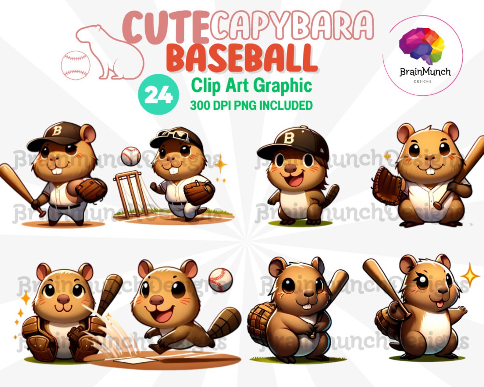 Cute Capybara Baseball Clipart, Kawaii Capybara, Pet Illustration ...