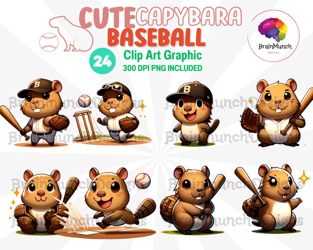 Cute Capybara Baseball Clipart, Kawaii Capybara, Pet Illustration ...