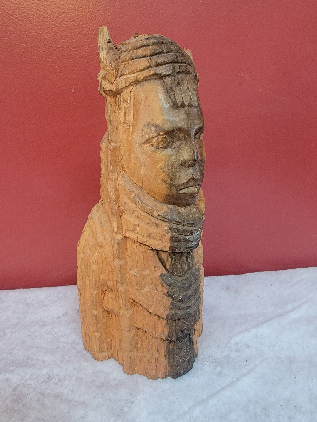 Hand Carved Wooden Benin Style Bust - African Folk Art Oba Head ...