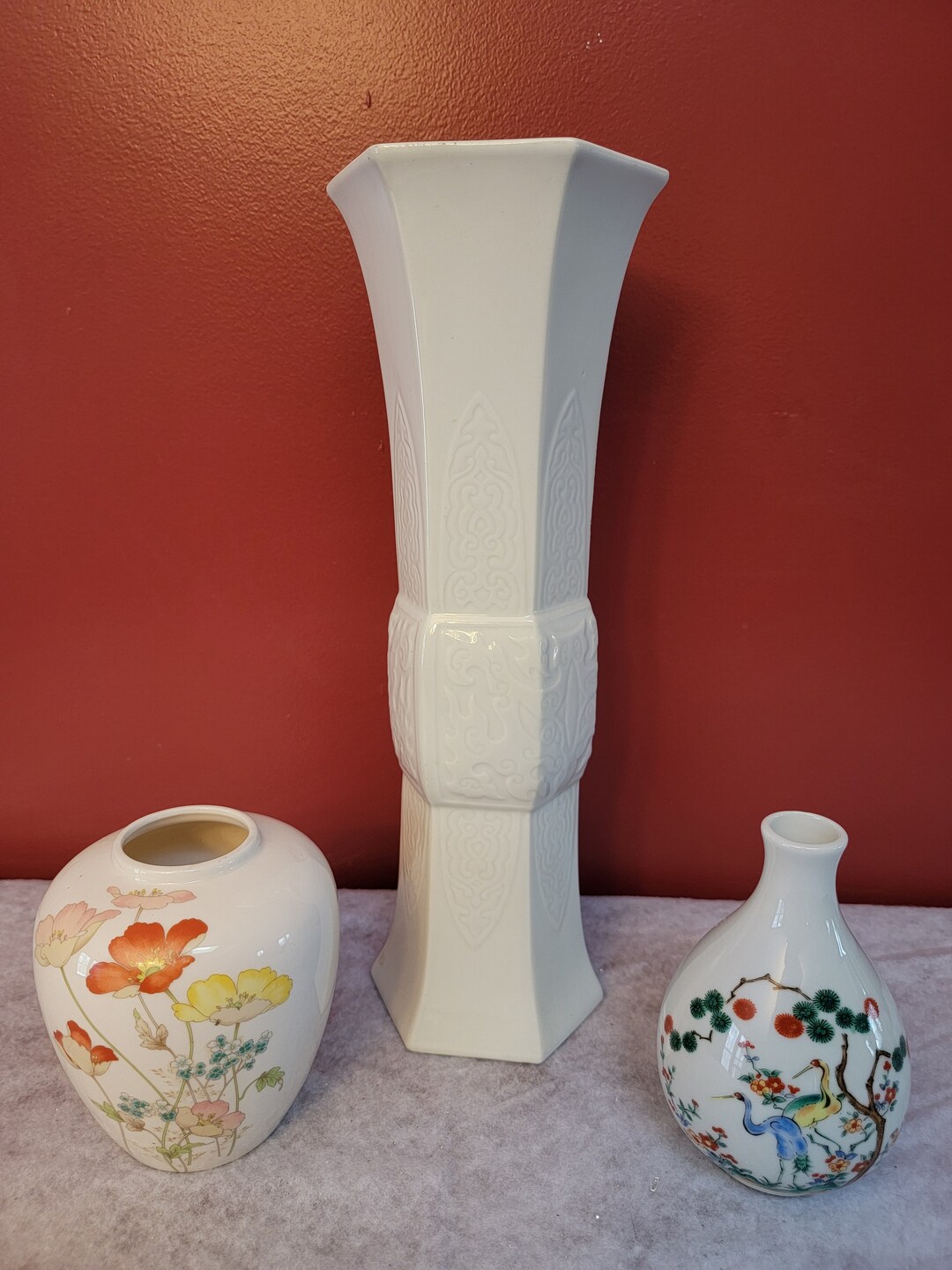 Collection of (3) Vintage Japanese Vases, (1) Large 15" Tall White, and ...