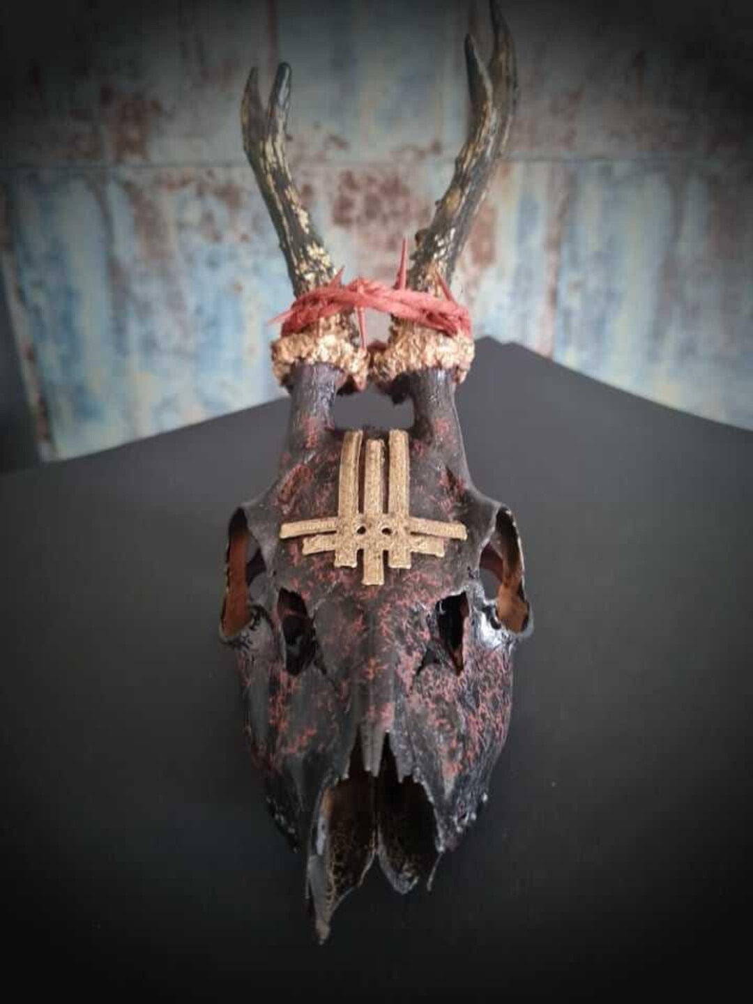 BEHEMOTH Real Black Deer Skull With Crown of Thorns and Unholy Cross - Etsy