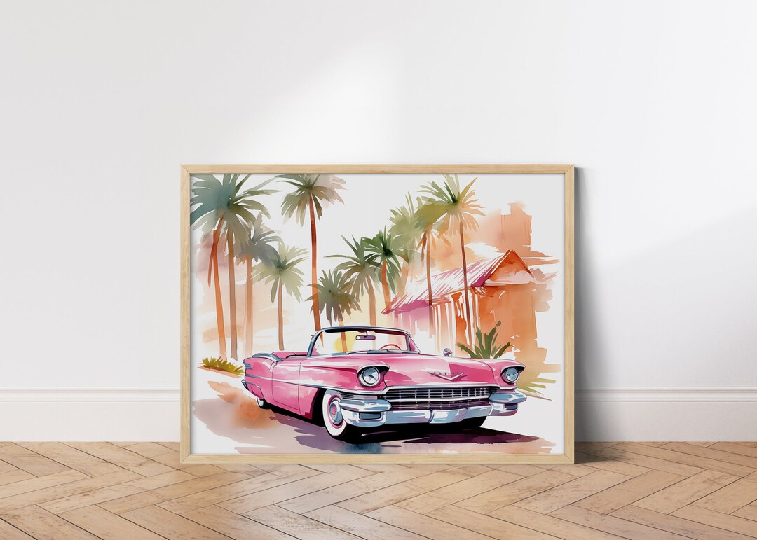 Pink Cadillac Print, Vintage American Car, Mid Century Modern Wall Art ...