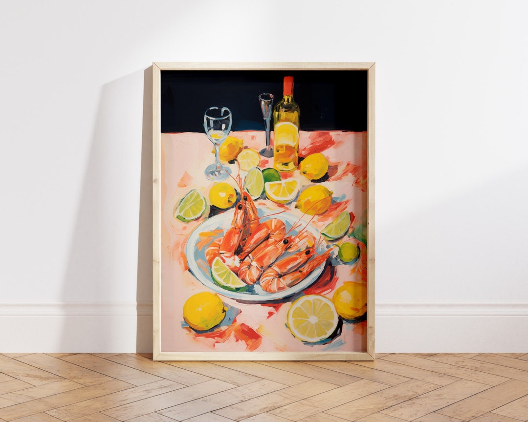 Shrimp Plate Poster by Wallency Red Shrimp Wall Print, Eclectic Kitchen ...