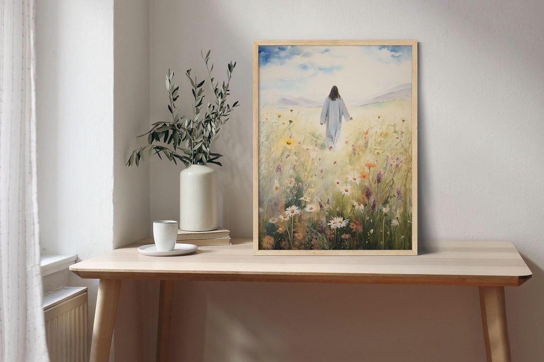 Jesus Christ Art Print: Boho Flower Field, Religious Home Decor - Etsy