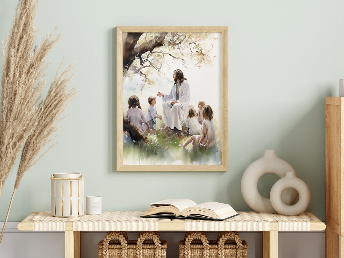 Jesus Teaching Kids Poster Watercolor Jesus Painting, Jesus Portrait ...