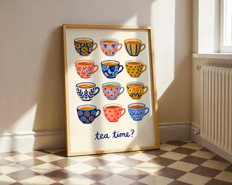 Tea Time Poster Print - Folk Teacup Wall Art, Boho Kitchen Decor ...