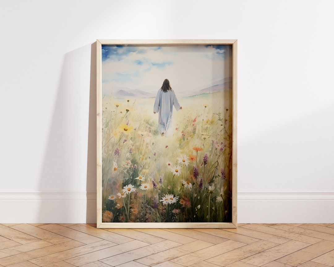 Jesus Christ Walking in a Field Print, Watercolor Art Painting, Jesus ...