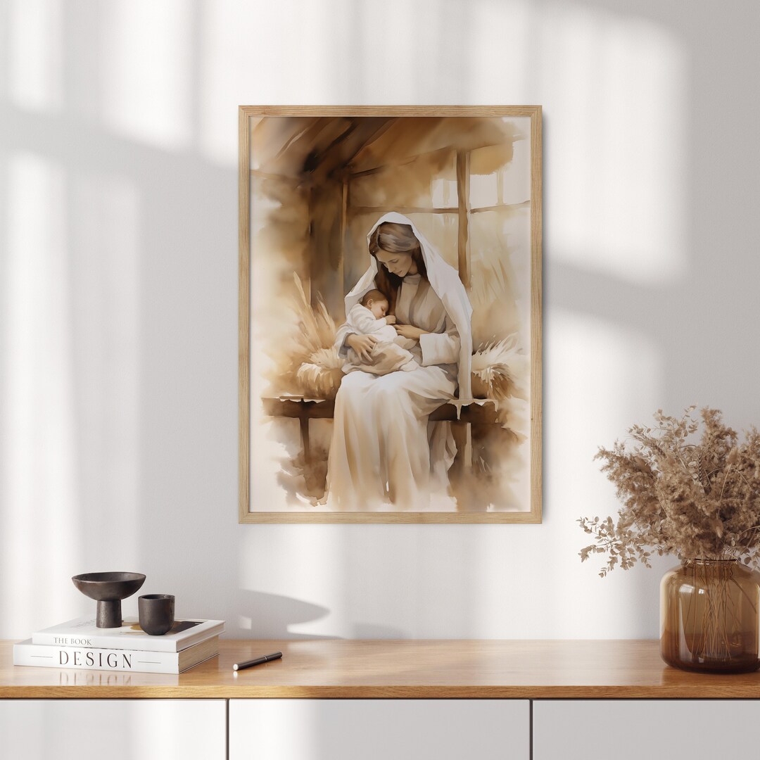 Mary and Baby Jesus Poster: Watercolor Nativity Scene Wall Art - Etsy