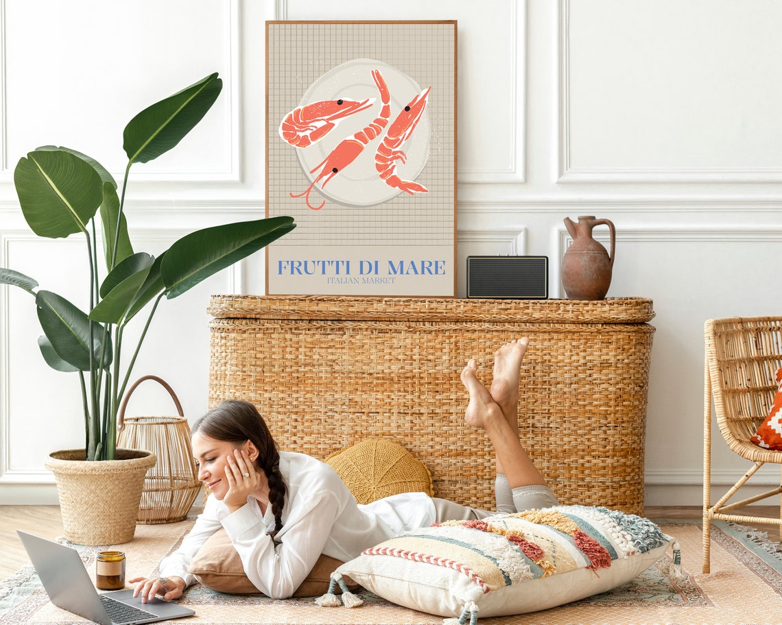 Frutti Di Mare Poster by Wallency Red Shrimp Wall Print, Minimalist ...