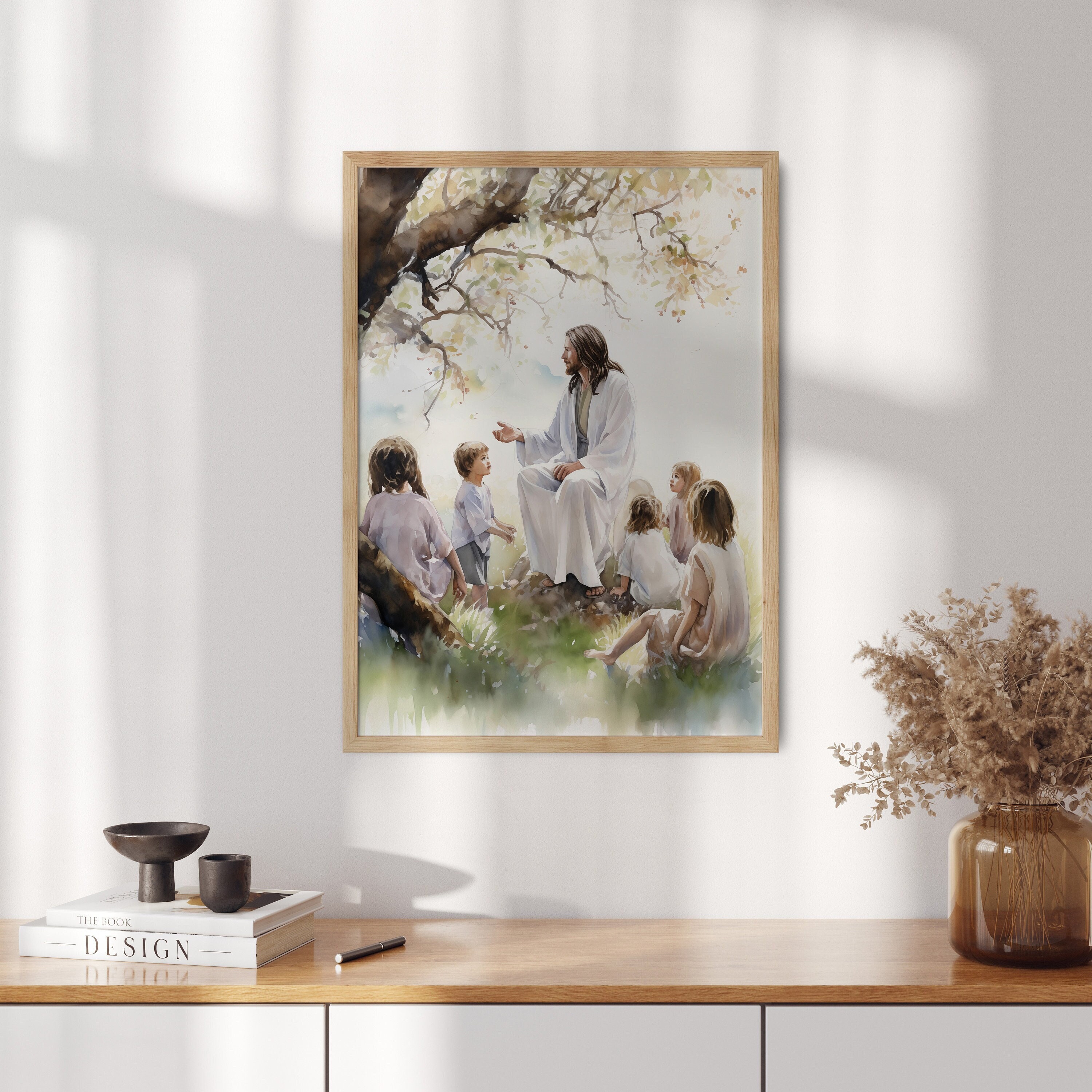 Jesus Teaching Kids Poster Watercolor Jesus Painting, Jesus Portrait ...