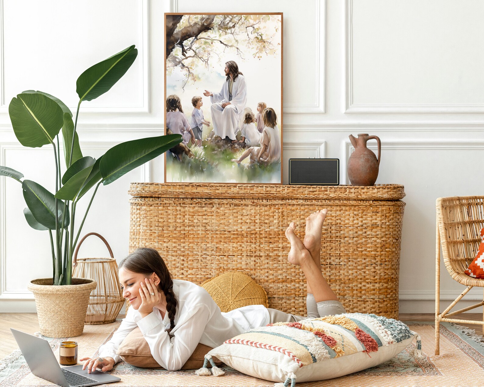 Jesus Teaching Kids Poster Watercolor Jesus Painting, Jesus Portrait ...