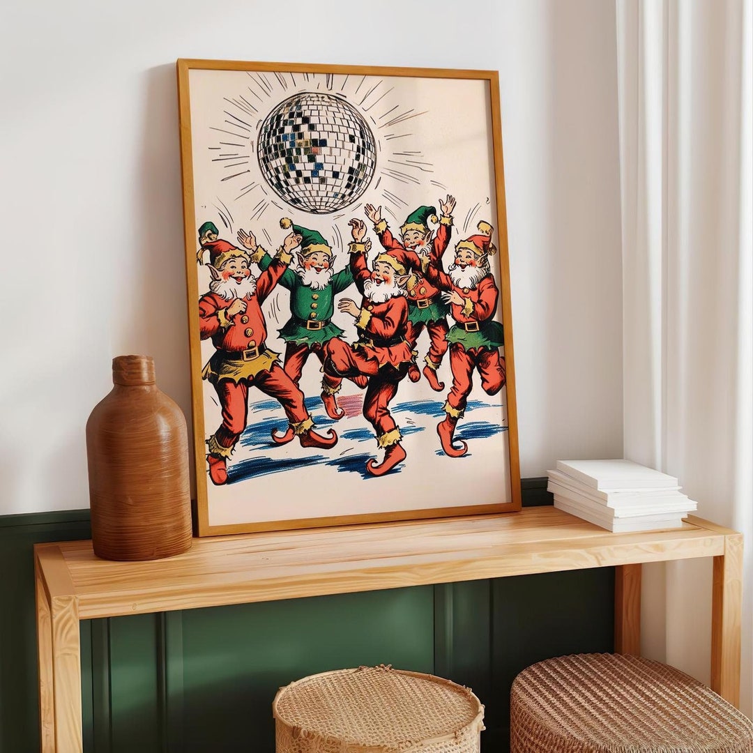 Vintage Dancing Christmas Elves Disco Ball Poster Living Room Wall Art ...