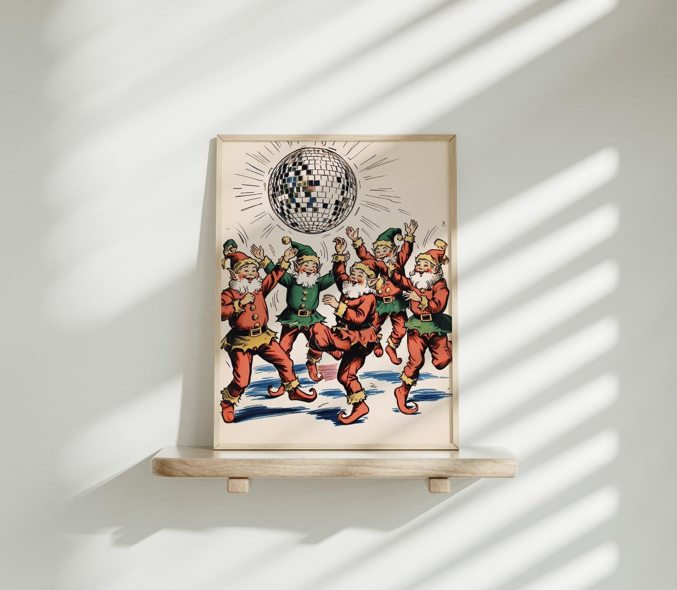 Vintage Dancing Christmas Elves Disco Ball Poster Living Room Wall Art ...